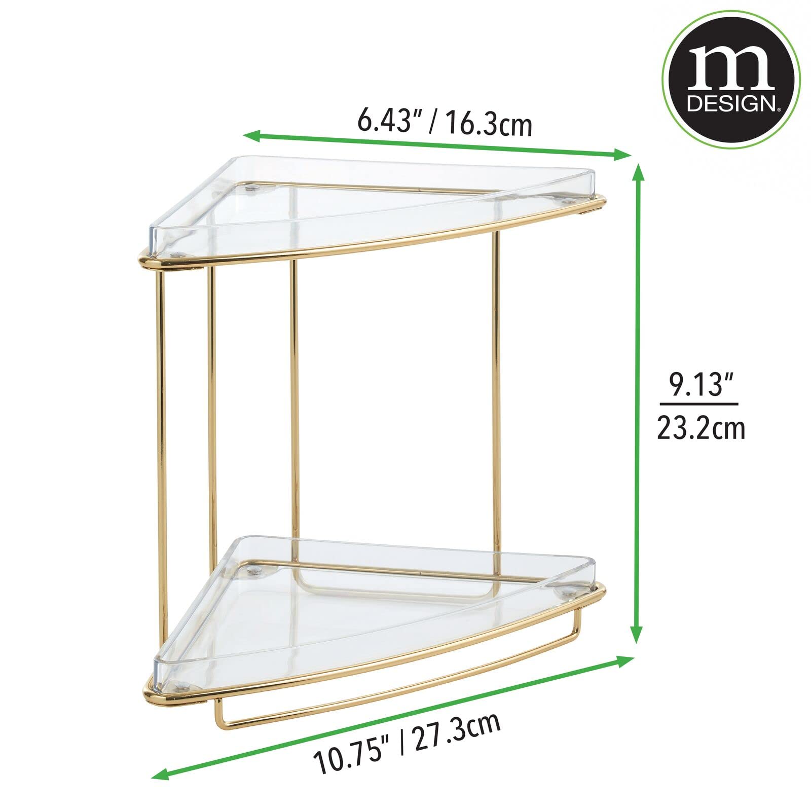 mDesign Steel/Plastic Freestanding Countertop Corner Shelf Organizer with 2-Tier Storage for Bathroom, Vanity, Cabinet, Counter - Holds Makeup, Bath Gel - Prism Collection - Clear/Soft Brass