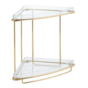 mDesign Steel/Plastic Freestanding Countertop Corner Shelf Organizer with 2-Tier Storage for Bathroom, Vanity, Cabinet, Counter - Holds Makeup, Bath Gel - Prism Collection - Clear/Soft Brass