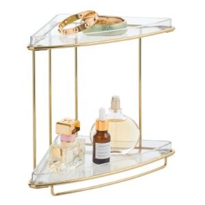 mdesign steel/plastic freestanding countertop corner shelf organizer with 2-tier storage for bathroom, vanity, cabinet, counter - holds makeup, bath gel - prism collection - clear/soft brass