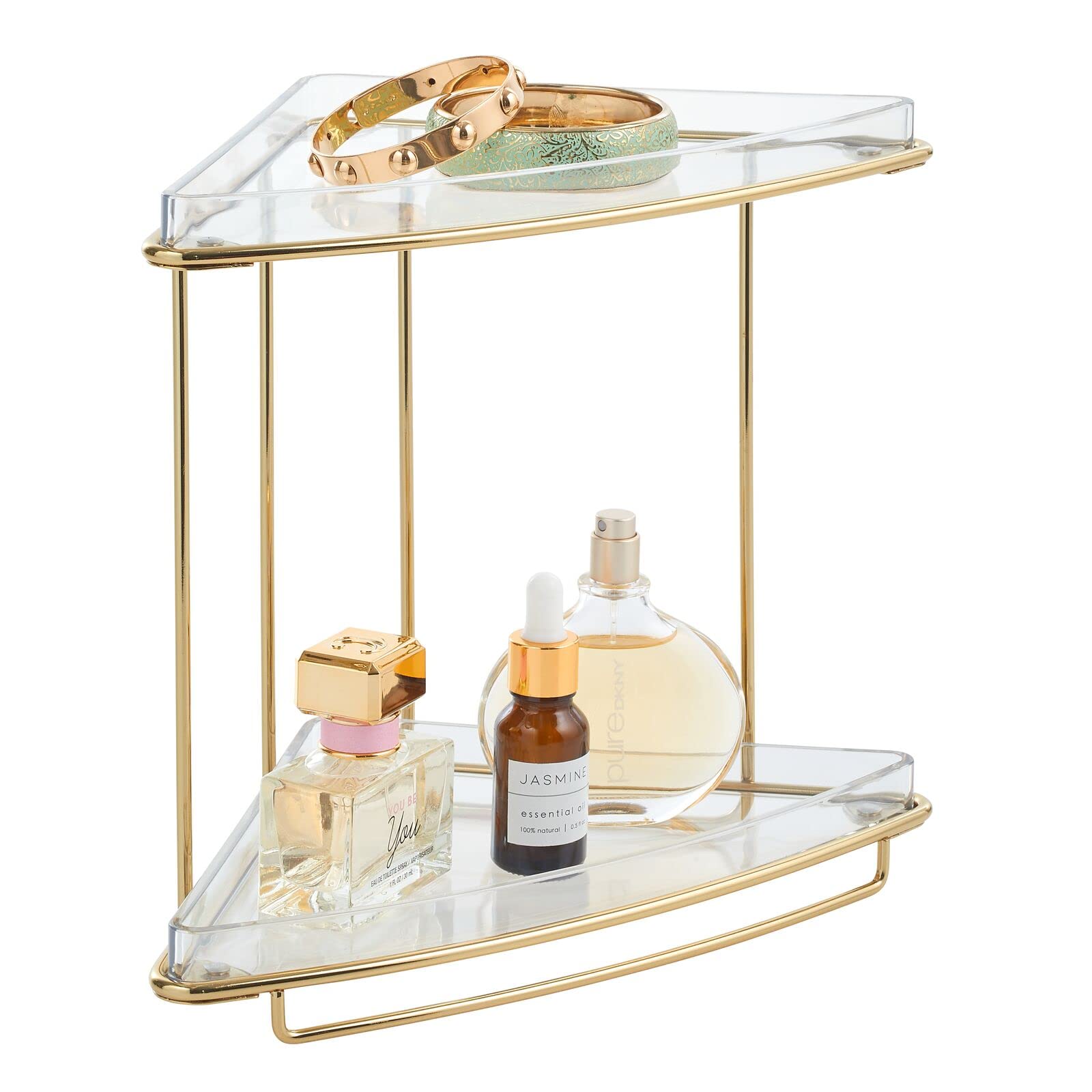 mDesign Steel/Plastic Freestanding Countertop Corner Shelf Organizer with 2-Tier Storage for Bathroom, Vanity, Cabinet, Counter - Holds Makeup, Bath Gel - Prism Collection - Clear/Soft Brass