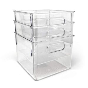 isaac jacobs 3-pack medium clear storage bins with handles, plastic organizer for home or fridge/freezer, pantry and kitchen non-slip container set, bpa free, food safe (3-pack, medium)