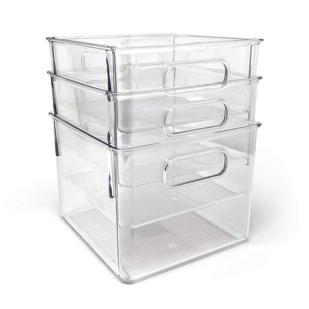 Isaac Jacobs 3-Pack Medium Clear Storage Bins with Handles, Plastic Organizer for Home or Fridge/Freezer, Pantry and Kitchen Non-Slip Container Set, BPA Free, Food Safe (3-Pack, Medium)