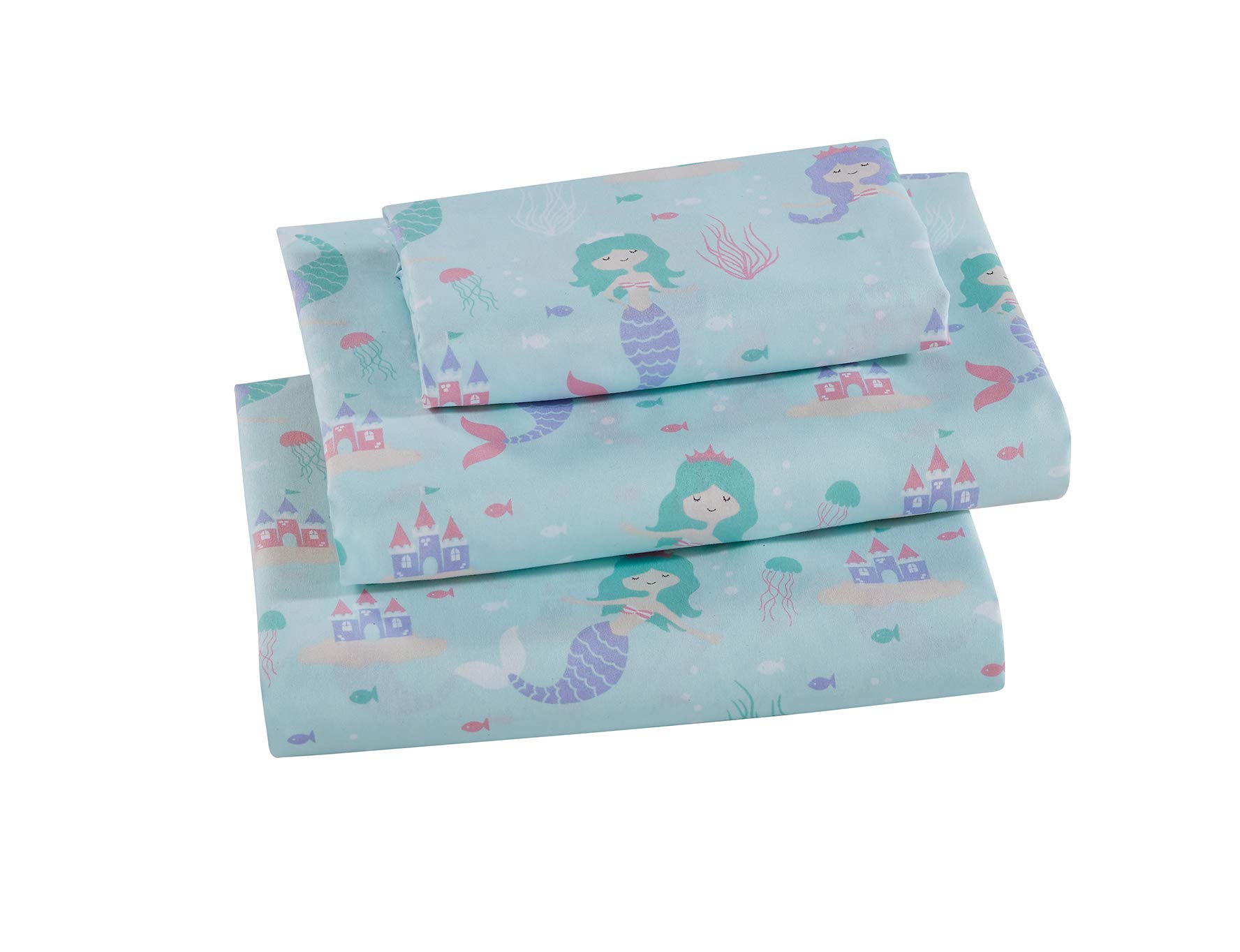 Linen Plus Sheet Set Kids/Teens Mermaids Underwater Castle Jellyfishes Aqua Pink Lavender Purple # Aqua Mermaid (Twin)