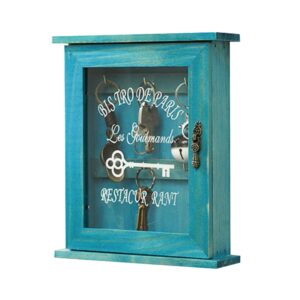 glass wooden box key holder for wall with 6 hooks - 8.27" x 9.84" x 2.36" entryway storage cabinet - rustic decor & floating shelf - key rings & mail organizer wall shelf - vintage wall decor - aqua