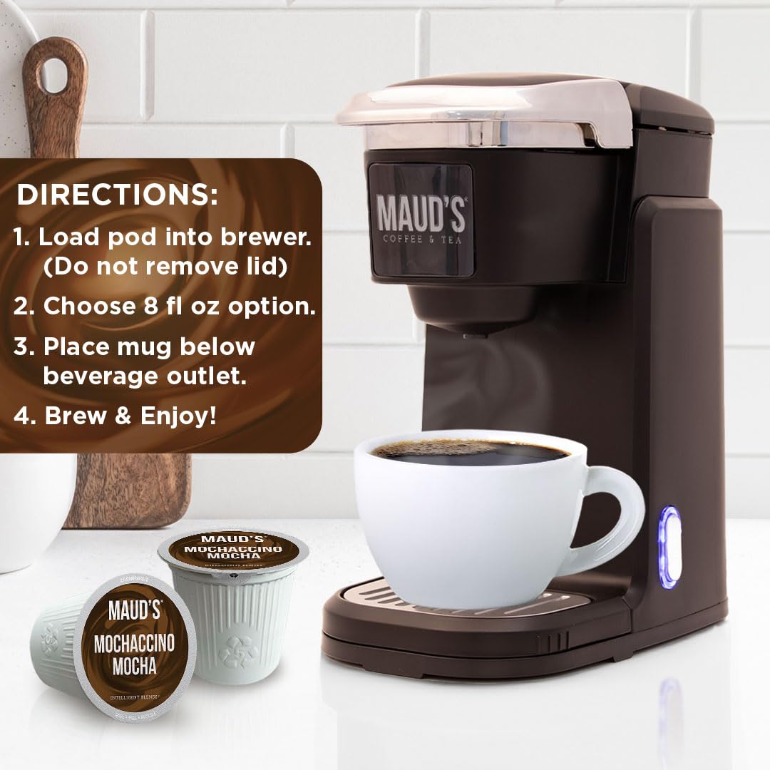 Maud's Chocolate Mocha Cappuccino Coffee Pods, 18 ct | Mochaccino Mocha Flavor | 100% Arabica Coffee | Solar Energy Produced Recyclable Pods Compatible with Keurig K Cups Maker