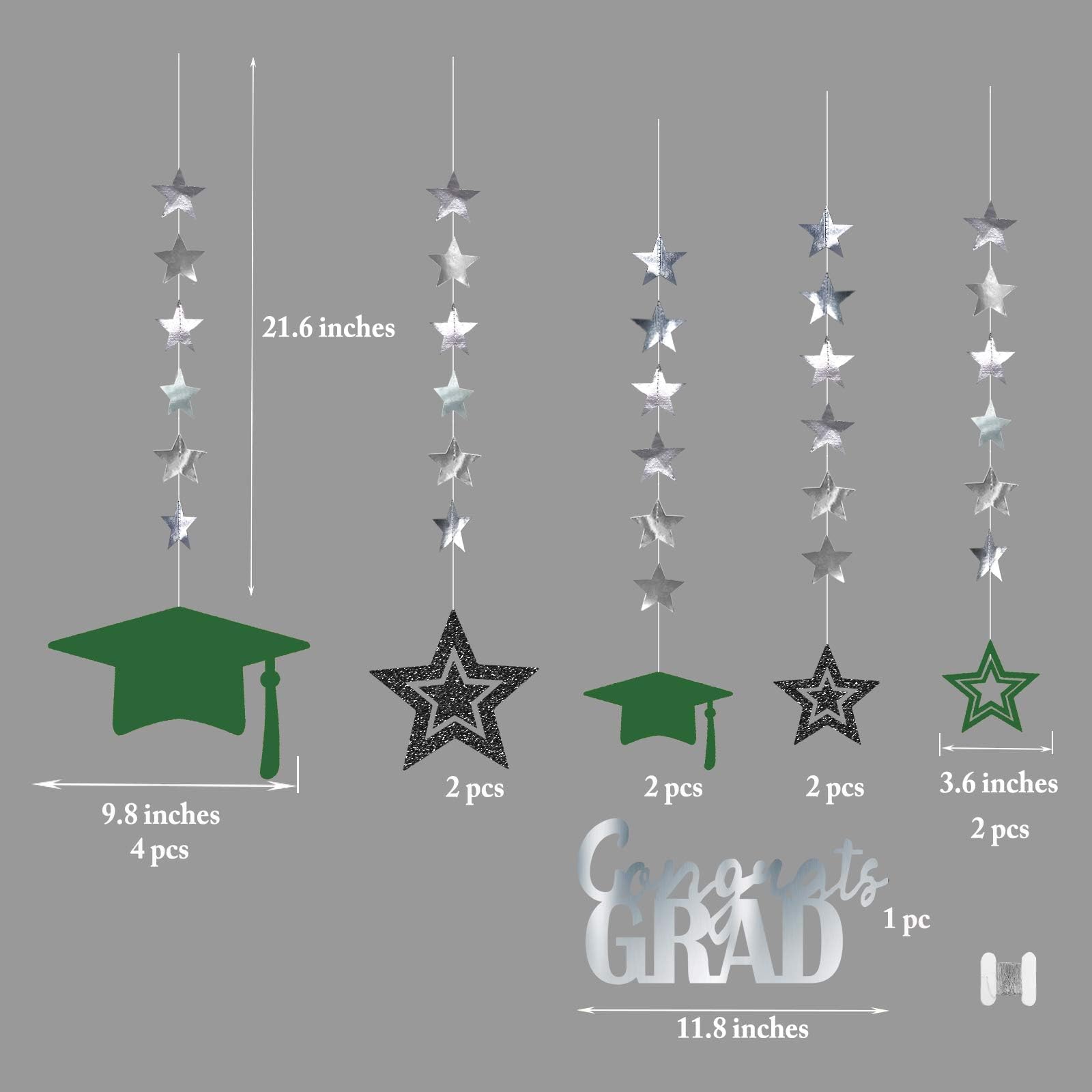 Cheerland Green Graduation Party Decoration Kit Black Cap Decor Shiny Congrats Grad Banner Star Hat Garland Hanging Streamer Banner Backdrop Background for Ceiling Home Classroom