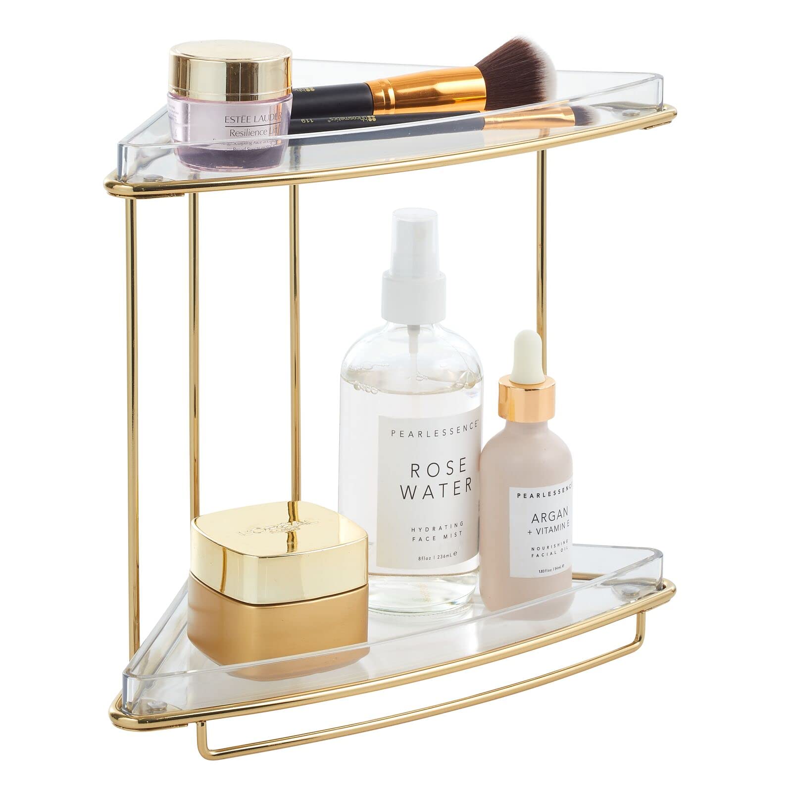 mDesign Steel/Plastic Freestanding Countertop Corner Shelf Organizer with 2-Tier Storage for Bathroom, Vanity, Cabinet, Counter - Holds Makeup, Bath Gel - Prism Collection - Clear/Soft Brass