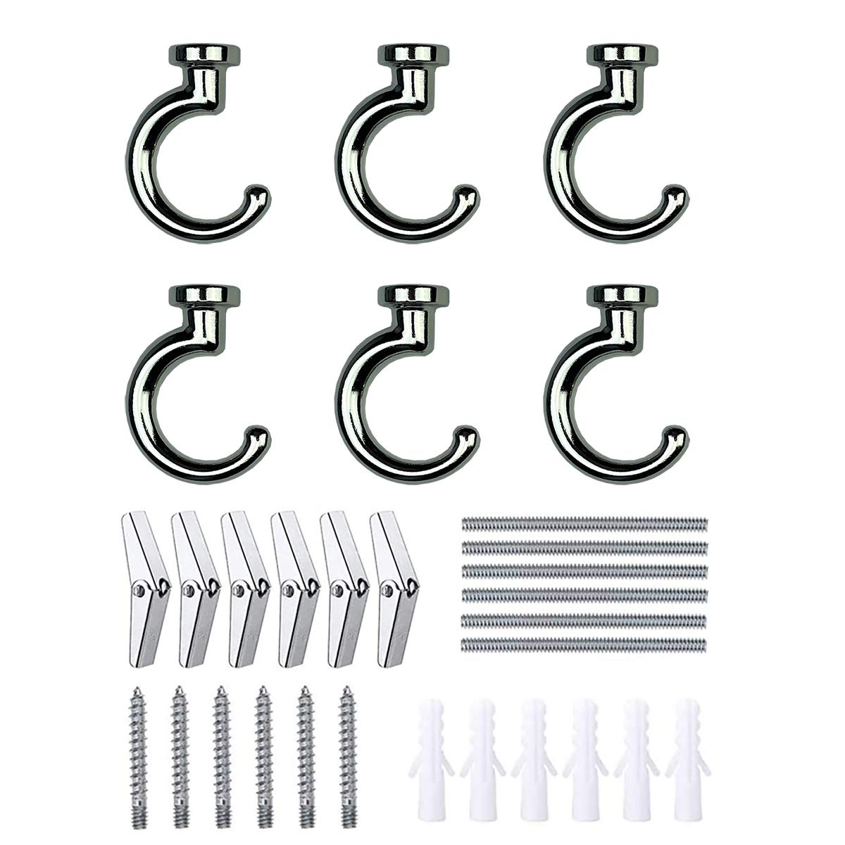 OBSTKUCHEN 6 Sets Large Swag Ceiling Hooks Heavy Duty Swag Hook with Hardware for Hanging Plants Ceiling Installation Cavity Wall Fixing (Silver)