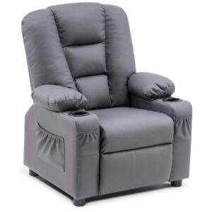 mcombo big kids recliner for ages 3+, child recliner chair, toddlers recliner sofa with cup holders, faux leather, 7322(dark grey)