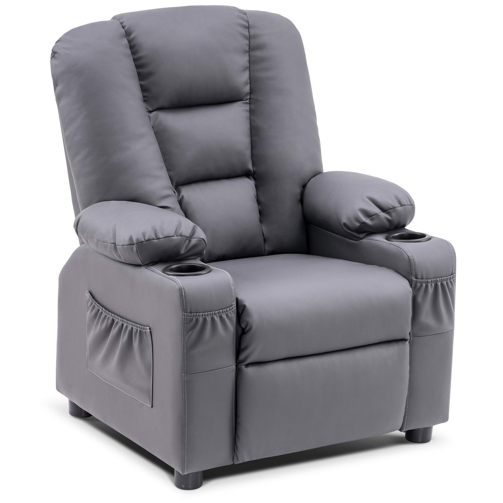 MCombo Big Kids Recliner for Ages 3+, Child Recliner Chair, Toddlers Recliner Sofa with Cup Holders, Faux Leather, 7322(Dark Grey)