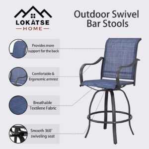 LOKATSE Home 2 Piece Bar Height Patio Chairs Outdoor Swivel Stools Set Furniture with All Weather Metal Frame, Blue Tesling Fabric