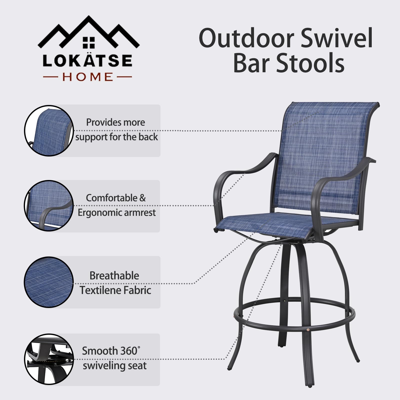 LOKATSE Home 2 Piece Bar Height Patio Chairs Outdoor Swivel Stools Set Furniture with All Weather Metal Frame, Blue Tesling Fabric