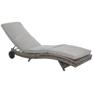 outsunny wicker chaise lounge pool chair, outdoor pe rattan cushioned patio sun lounger w/ 5-level adjustable backrest & wheels for easy movement, mixed gray