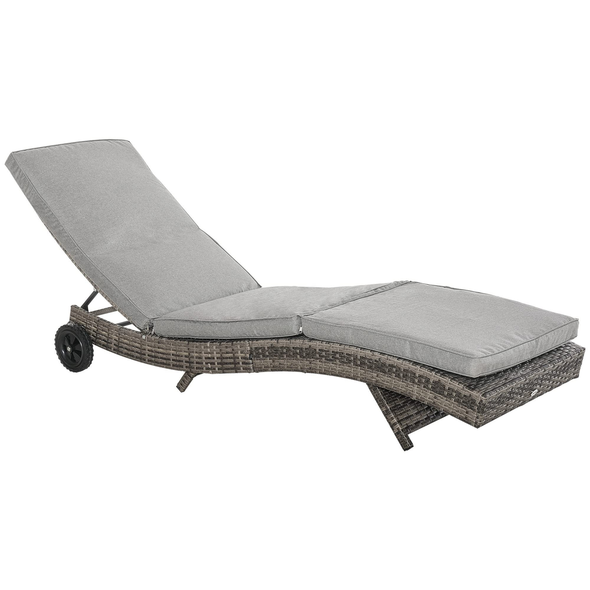 Outsunny Wicker Chaise Lounge Pool Chair, Outdoor PE Rattan Cushioned Patio Sun Lounger w/ 5-Level Adjustable Backrest & Wheels for Easy Movement, Mixed Gray