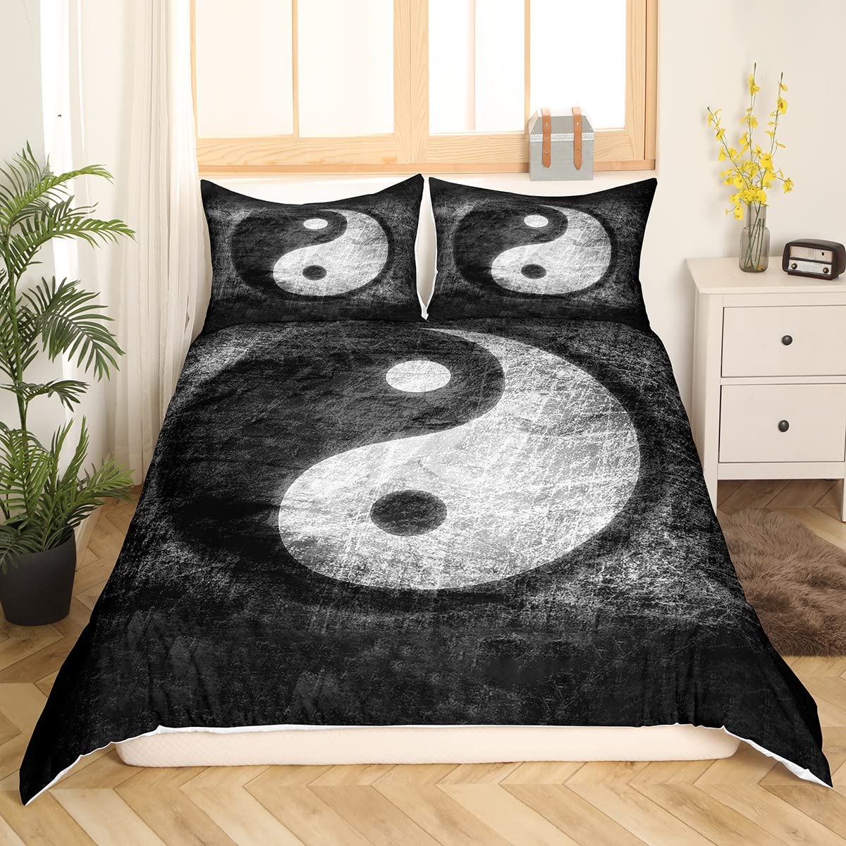 Yin Yang Bedding Set for Girls Boys Boho Trippy Psychedelic Art Comforter Cover Decorative Gossip Pattern Duvet Cover Traditional Ying Yang Theme Bed Set King Size 3Pcs Bedclothes (No Comforter)