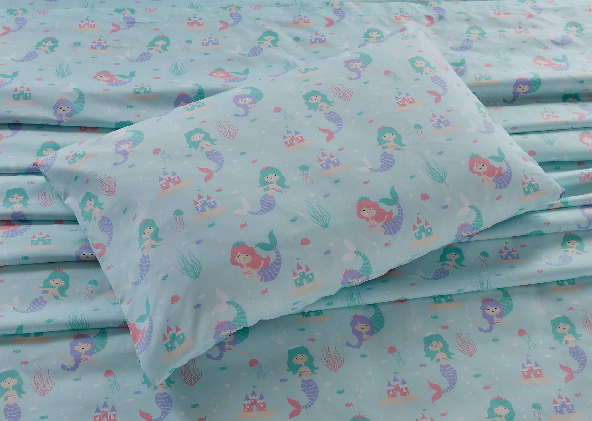 Linen Plus Sheet Set Kids/Teens Mermaids Underwater Castle Jellyfishes Aqua Pink Lavender Purple # Aqua Mermaid (Twin)