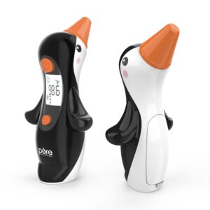 pure enrichment® purebaby® penguin ear thermometer - instaread™ technology, lcd backlit display, 10 memory settings, dual scale readings, fever alert, & cover - ideal for all ages, babies and children