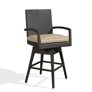 patio tree outdoor swivel bar stools, patio wicker bar height chair with arms and cushion, all-weather outdoor rattan furniture (1 pack)