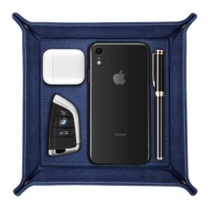 sithon valet tray desktop storage organizer – premium pu leather catchall tray bedside vanity tray nightstand caddy holder for remote controller, keys, phone, wallet, coin, jewelry, dark blue