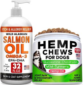 salmon oil omega 3 for dogs + all-natural hemp chews and glucosamine for dogs - advanced hip & joint supplement + 32oz fish oil - allergy relief - itch relief, shedding - skin and coat supplement