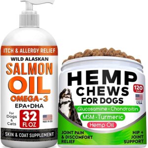 Salmon Oil Omega 3 for Dogs + All-Natural Hemp Chews and Glucosamine for Dogs - Advanced Hip & Joint Supplement + 32oz Fish Oil - Allergy Relief - Itch Relief, Shedding - Skin and Coat Supplement