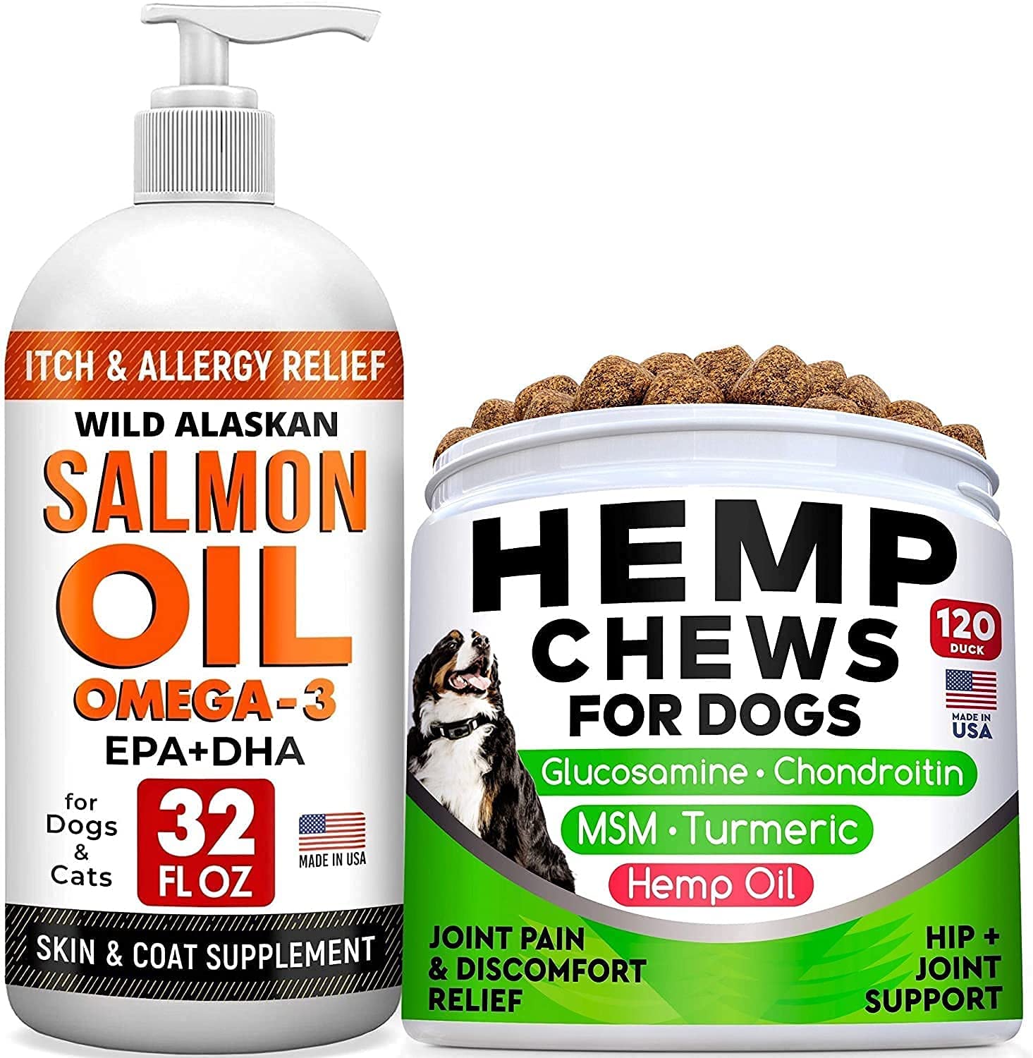 Salmon Oil Omega 3 for Dogs + All-Natural Hemp Chews and Glucosamine for Dogs - Advanced Hip & Joint Supplement + 32oz Fish Oil - Allergy Relief - Itch Relief, Shedding - Skin and Coat Supplement