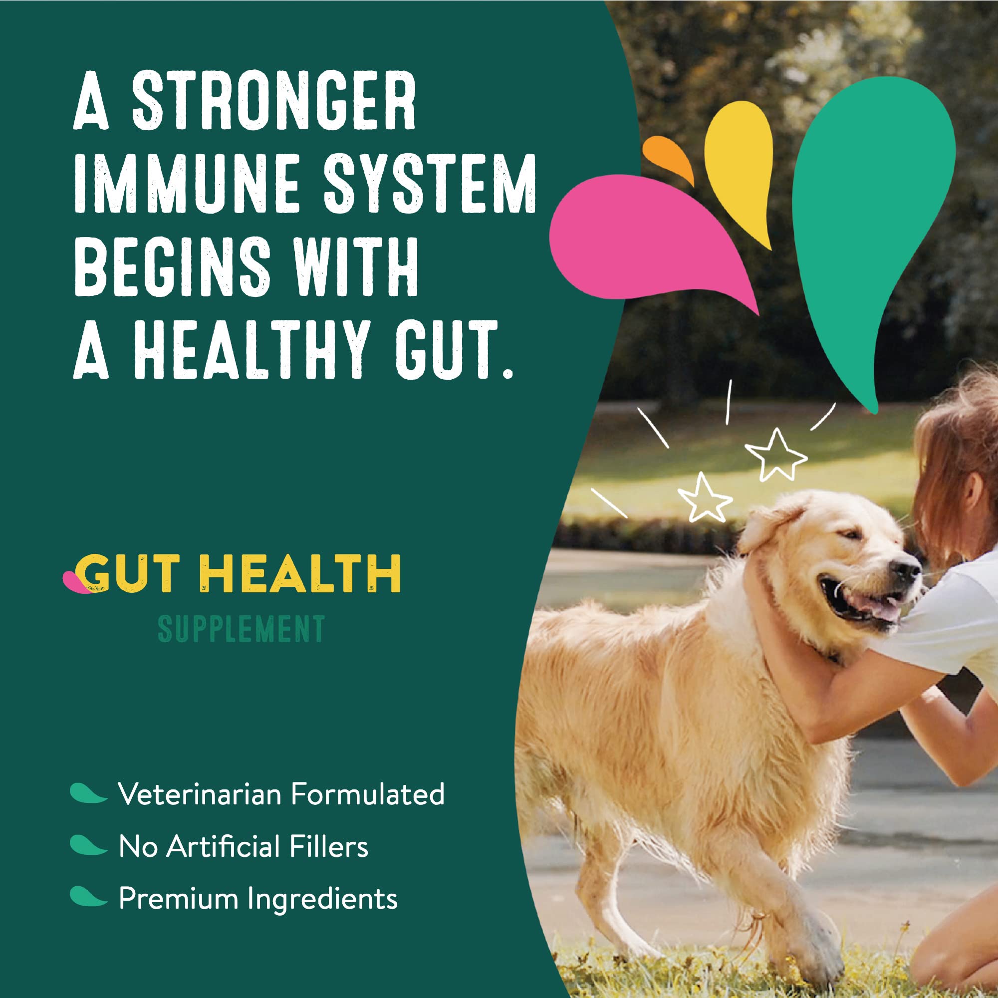 Happy Go Healthy Dog Gut Health Probiotics Supplement | Improves Digestive Health and Immune System Support for Dogs and Puppies | All Natural Ingredients Tasty Kibble Dog Food Topper | 60 Count Pack