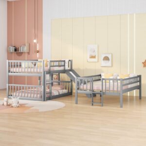 Triple Bunk Bed with Slide, Full Over Full Over Full Bunk Bed Convertible Triple Beds for Kids/Teens/Adults, Gray