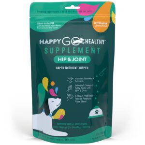 happy go healthy hip & joint supplements for dogs | helps joint health & mobility support for recovering and senior dogs | natural ingredients, tasty kibble dog food topper | 60-count pack