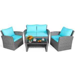 tangkula 4 pieces patio furniture set, all weather outdoor sectional rattan sofa set with cushions & tempered glass table, wicker conversation couch set for backyard garden poolside (turquoise)