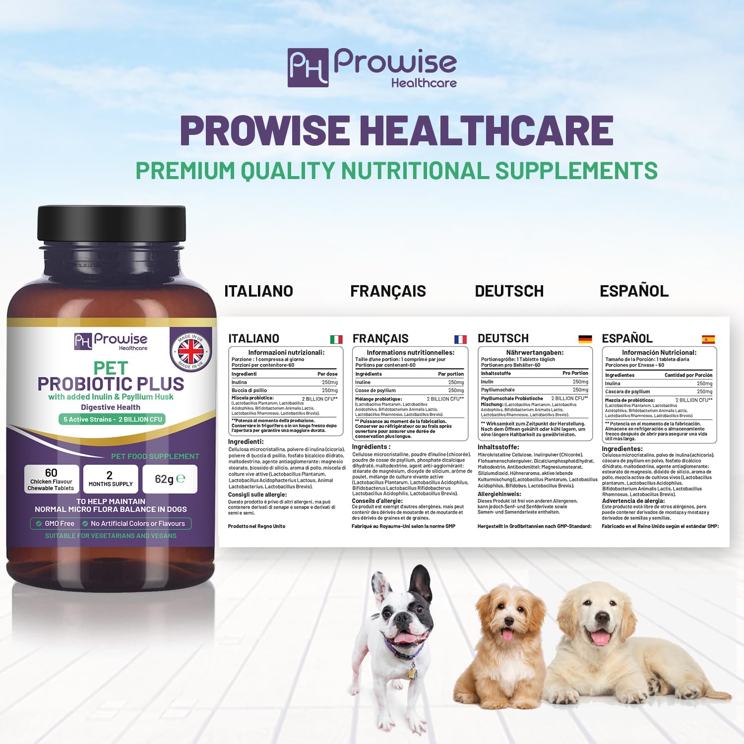 Pet Probiotic Plus with Added Inulin & Psyllium Husk 2 Billion CFU with 5 Active Strains I 60 Chicken Flavour Chewable Tablets 2 Months Supply I Help Main Normal Microflora Balance in Dogs