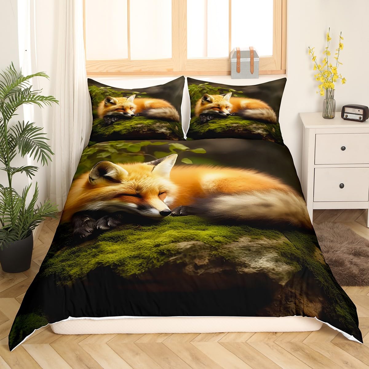 Feelyou Kids Duvet Cover Fox Print Bedding Set 3D Animal Theme Comforter Cover for Boys Girls Children Teens Bedroom Decor Nature Woodland Fox Bedspread Cover Twin Size with 1 Pillow Case