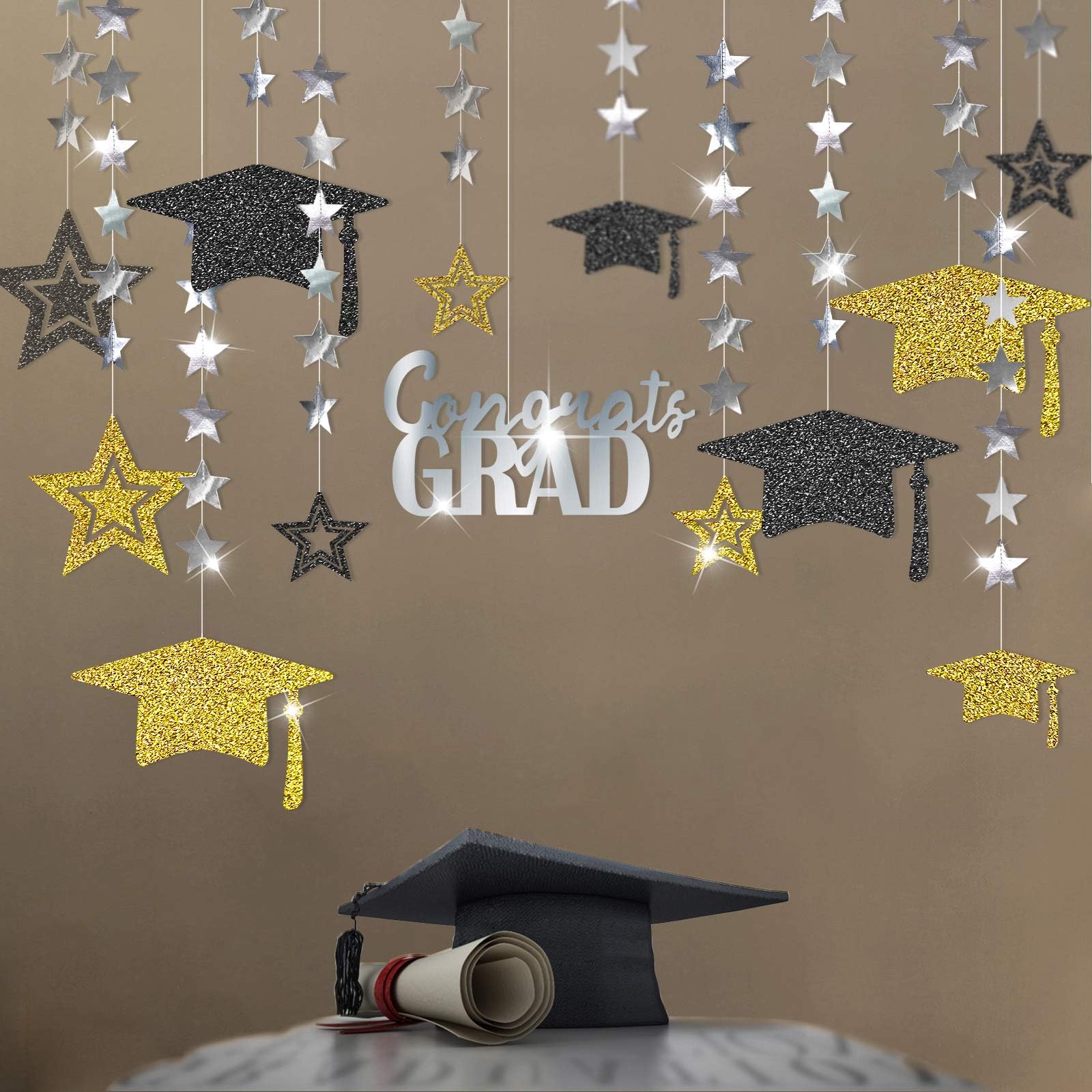 Cheerland Gold Silver Black Graduation Party Decoration Kit Black Cap Decor Shiny Congrats Grad Banner Star Hat Garland Streamer Banner Backdrop Photo Booth Background for Ceiling Home Classroom