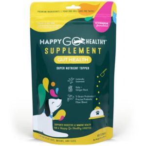 happy go healthy dog gut health probiotics supplement | improves digestive health and immune system support for dogs and puppies | all natural ingredients tasty kibble dog food topper | 60 count pack