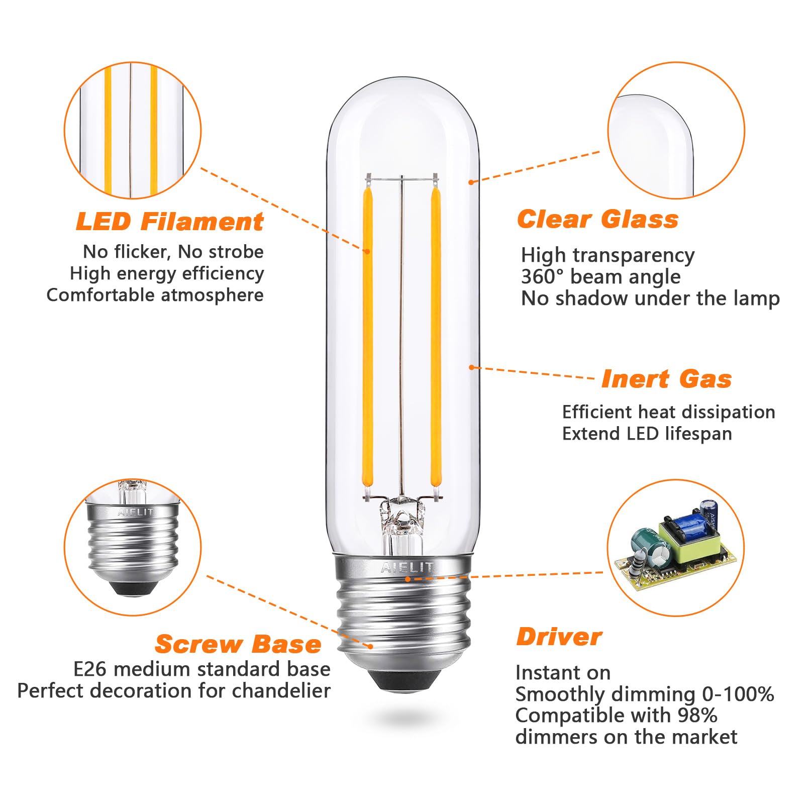 AIELIT Vintage T10/T30 LED Bulb 25 Watt Equivalent, Warm White 2700K, 200 Lumens, E26 Base, 2W Dimmable Led Tubular Bulbs, Classic Filament Edison Bulb for Pendant Lights Chandelier, 4-Pack