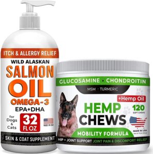 strellalab hemp treats and glucosamine for dogs + salmon oil omega 3 for dogs bundle - hip & joint supplement - allergy relief - itch relief, shedding - skin and coat supplement