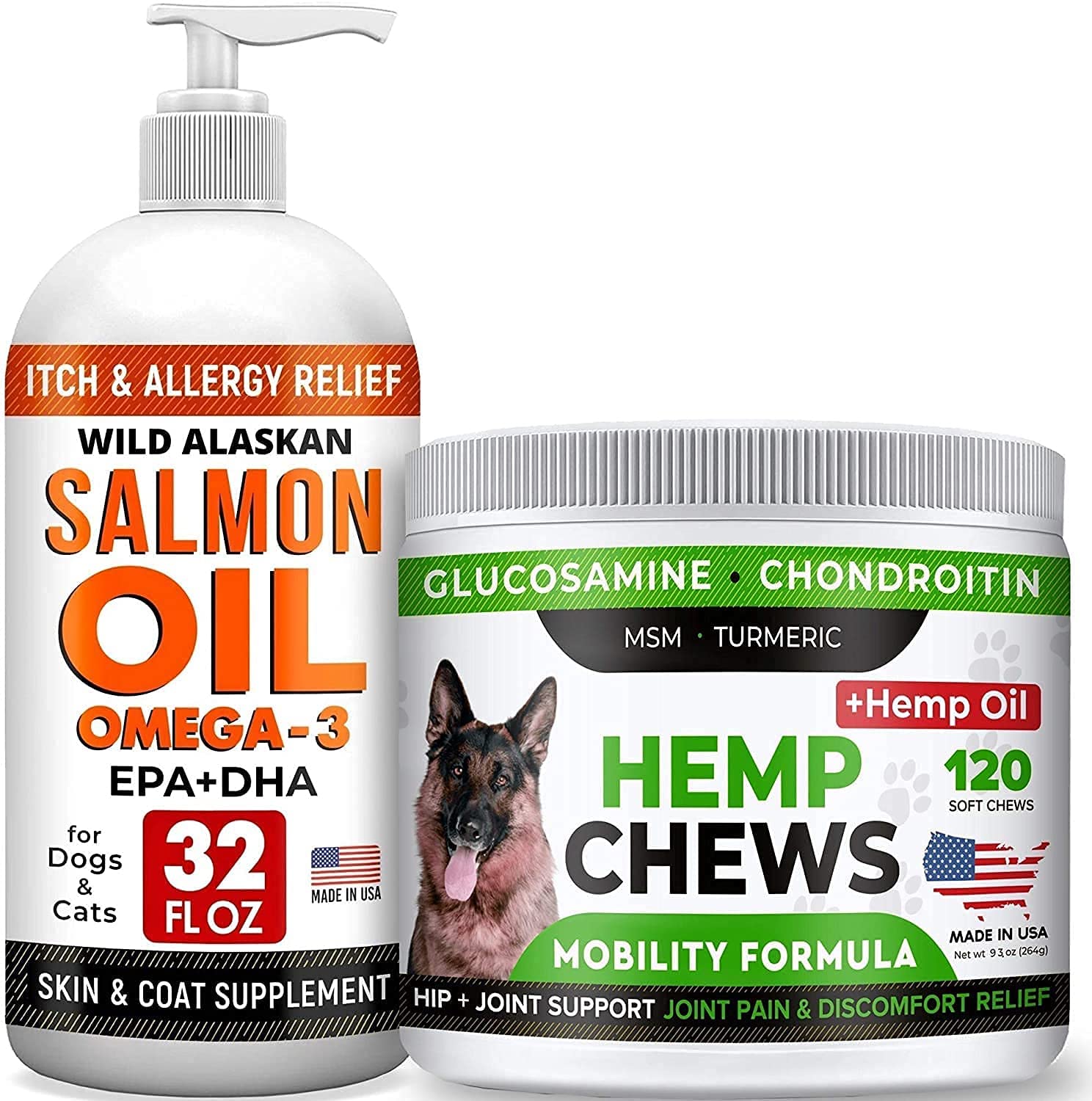 STRELLALAB Hemp Treats and Glucosamine for Dogs + Salmon Oil Omega 3 for Dogs Bundle - Hip & Joint Supplement - Allergy Relief - Itch Relief, Shedding - Skin and Coat Supplement