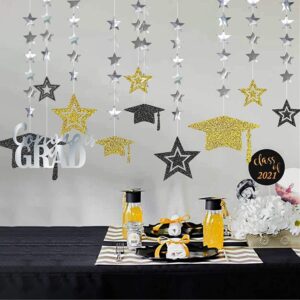 Cheerland Gold Silver Black Graduation Party Decoration Kit Black Cap Decor Shiny Congrats Grad Banner Star Hat Garland Streamer Banner Backdrop Photo Booth Background for Ceiling Home Classroom