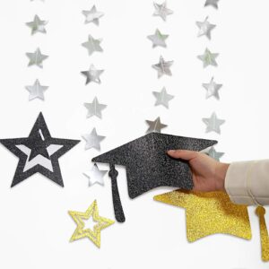 Cheerland Gold Silver Black Graduation Party Decoration Kit Black Cap Decor Shiny Congrats Grad Banner Star Hat Garland Streamer Banner Backdrop Photo Booth Background for Ceiling Home Classroom