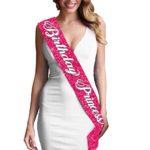 Hot Pink Birthday Party Supplies - Flourish Birthday Princess Sash - Birthday Party Decorations - Hot Pink Sparkle Sash(Bdy Prnc) HPK/Sprk