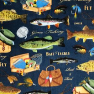 Fishing Tackle Fish & Creels on Blue Fleece Fabric Panel (Great for Quilting, Sewing, Craft Project, Throw Blanket, Wall Hanging, and More) 56" x 78"