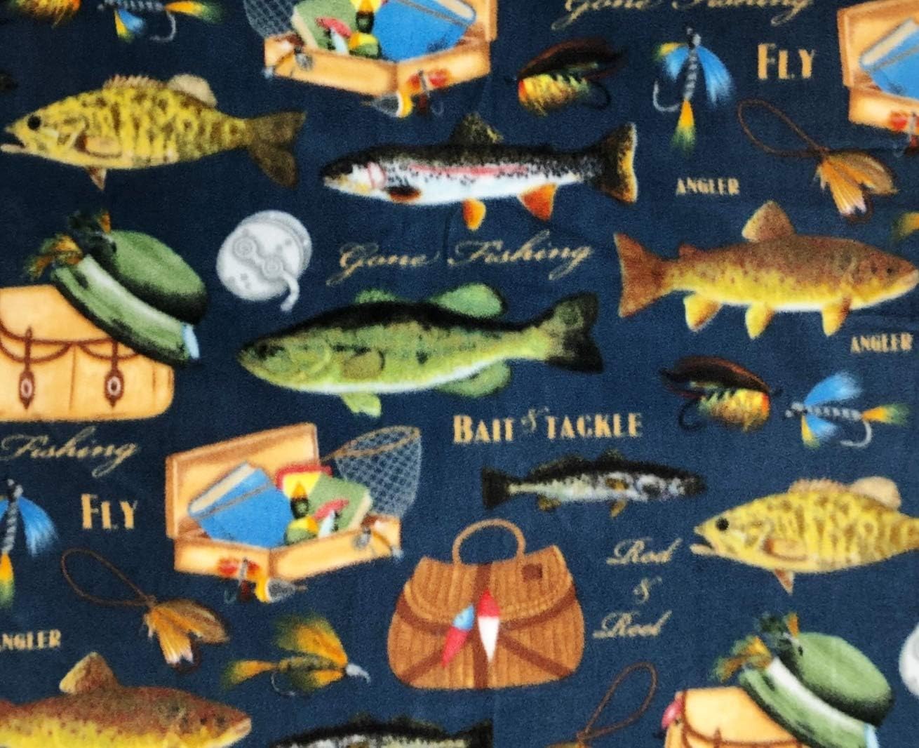 Fishing Tackle Fish & Creels on Blue Fleece Fabric Panel (Great for Quilting, Sewing, Craft Project, Throw Blanket, Wall Hanging, and More) 56" x 78"