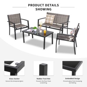 Shintenchi 4 Pieces Patio Furniture Set All Weather Textile Fabric Outdoor Conversation Set, with Glass Coffee Table, Loveseat, 2 Single Chairs for Home, Garden, Lawn, Porch (Brown）