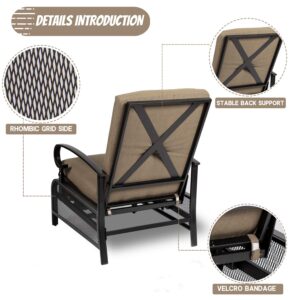 Crownland 3-Piece Outdoor Lounge Chairs Set, Adjustable Reclining Patio Chairs and Umbrella Bistro Table Set, Metal Furniture Set with Water Resistant Cushions(Brown)