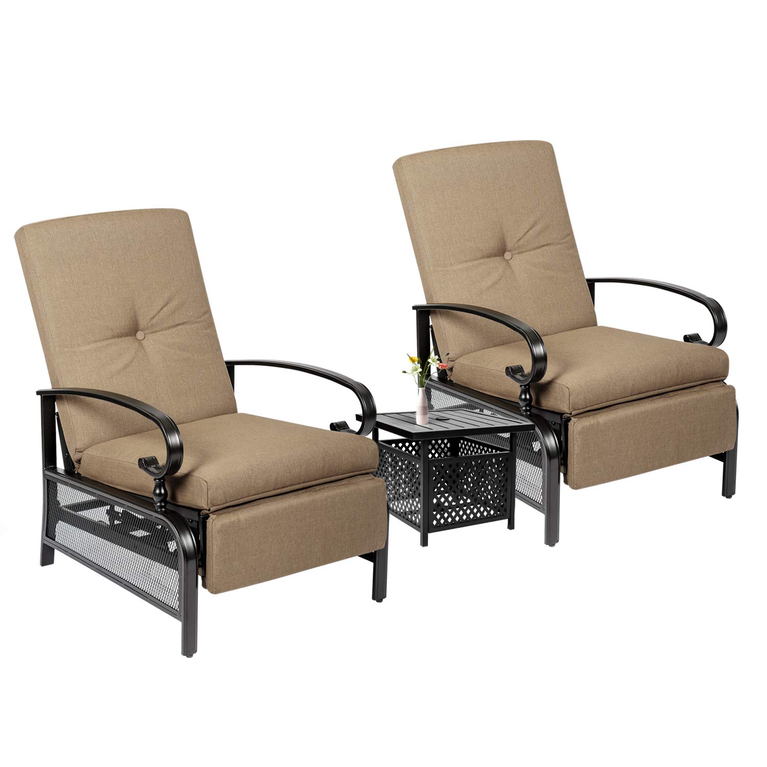 Crownland 3-Piece Outdoor Lounge Chairs Set, Adjustable Reclining Patio Chairs and Umbrella Bistro Table Set, Metal Furniture Set with Water Resistant Cushions(Brown)