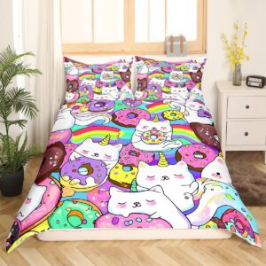 Feelyou Girls Unicorn Bedding Set for Kids Children Cute Dreamy Cat Print Comforter Cover Decorative Magical Kitten Animal Duvet Cover Cartoon Donuts Bedspread Cover Twin Size 2Pcs Bedclothes