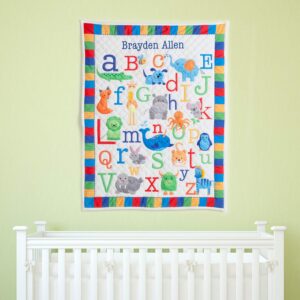 Personalized Planet Primary Color Boy's ABC Quilt with Custom Name Embroidered in Blue Thread on Rectangular Blanket with Alphabet Letters and Cartoon Animals, 31x40