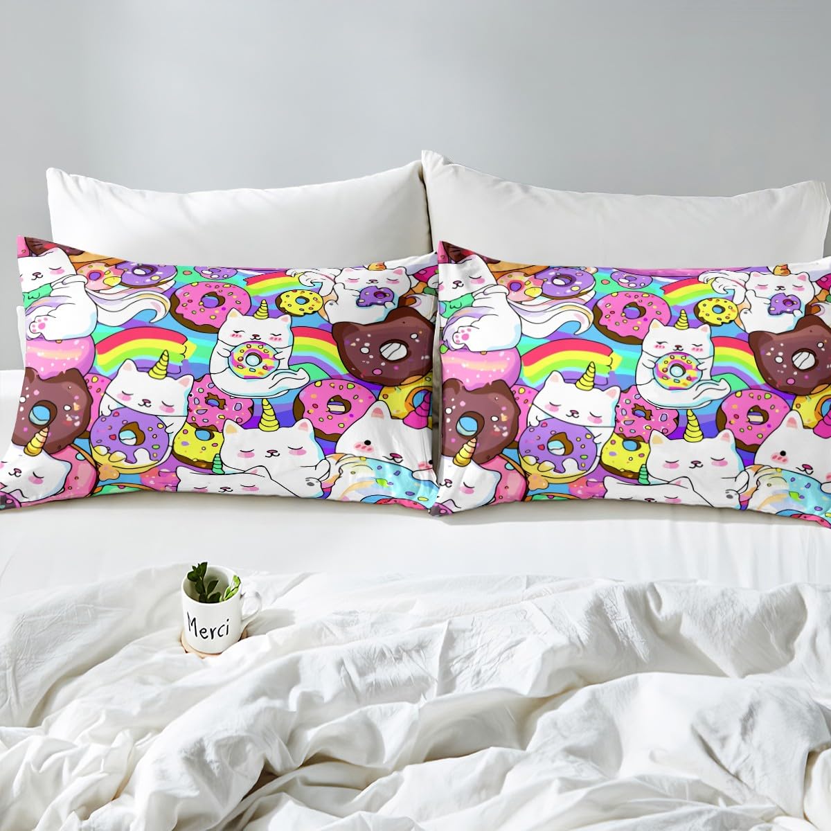 Feelyou Girls Unicorn Bedding Set for Kids Children Cute Dreamy Cat Print Comforter Cover Decorative Magical Kitten Animal Duvet Cover Cartoon Donuts Bedspread Cover Twin Size 2Pcs Bedclothes