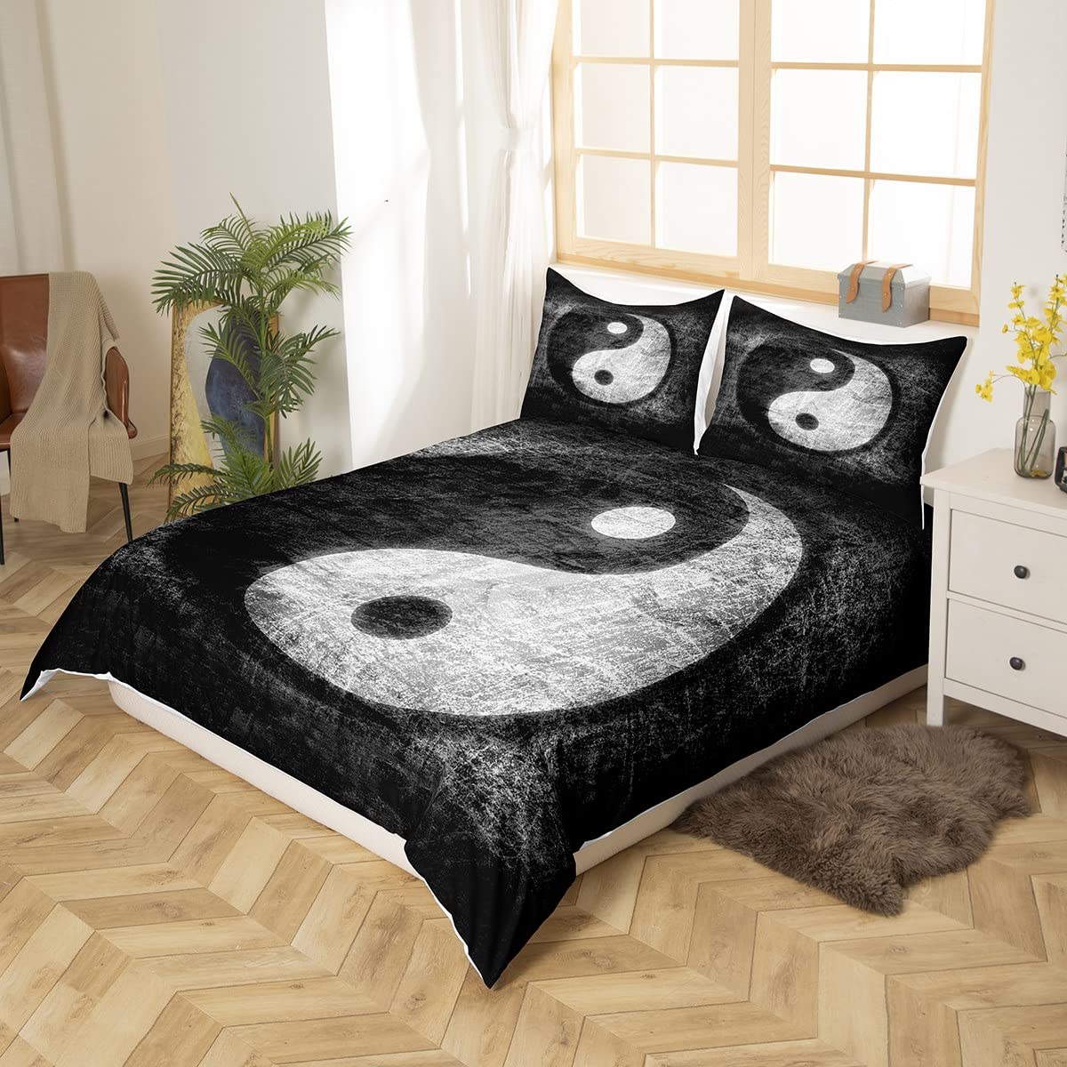 Yin Yang Bedding Set for Girls Boys Boho Trippy Psychedelic Art Comforter Cover Decorative Gossip Pattern Duvet Cover Traditional Ying Yang Theme Bed Set King Size 3Pcs Bedclothes (No Comforter)