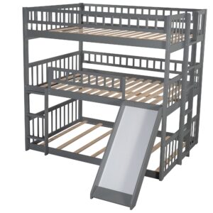 Triple Bunk Bed with Slide, Full Over Full Over Full Bunk Bed Convertible Triple Beds for Kids/Teens/Adults, Gray